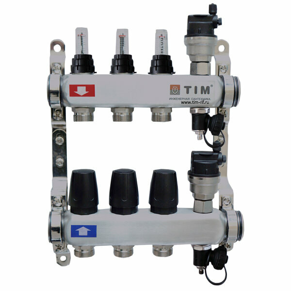 Коллектор для теплого пола TIM на 3 выхода с расходомерами из нержавеющей стали 1" - 3/4" евроконус KCS5003