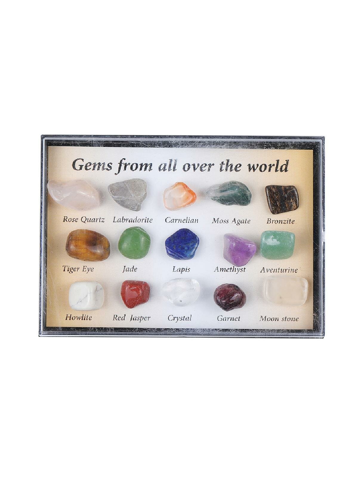 1 коробка с 15 видами образцов минералов, каменными украшениями, учебными материалами по геологии