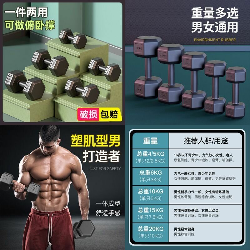Гексагональные гантели для мужчин, фитнес, студенты, 2кг, 5kg для домашнего использования, 10кг, резиновое покрытие, тренировка рук, женское фитнес-оборудование, маленькие гантели