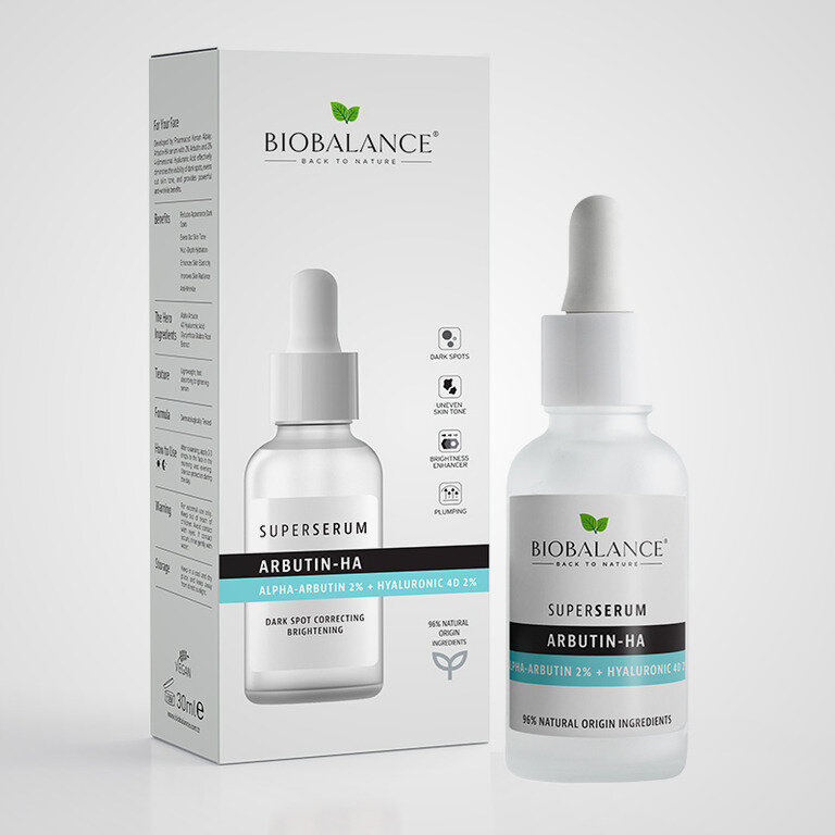 Сыворотка для лица с альфа-арбутином 2% + 4D гиалуроновой кислотой 2% 30 мл BIOBALANCE ARBUTIN-HA SUPER SERUM ALPHA -ARBUTIN + HYALURONIC 4D Сыворотка 30 мл