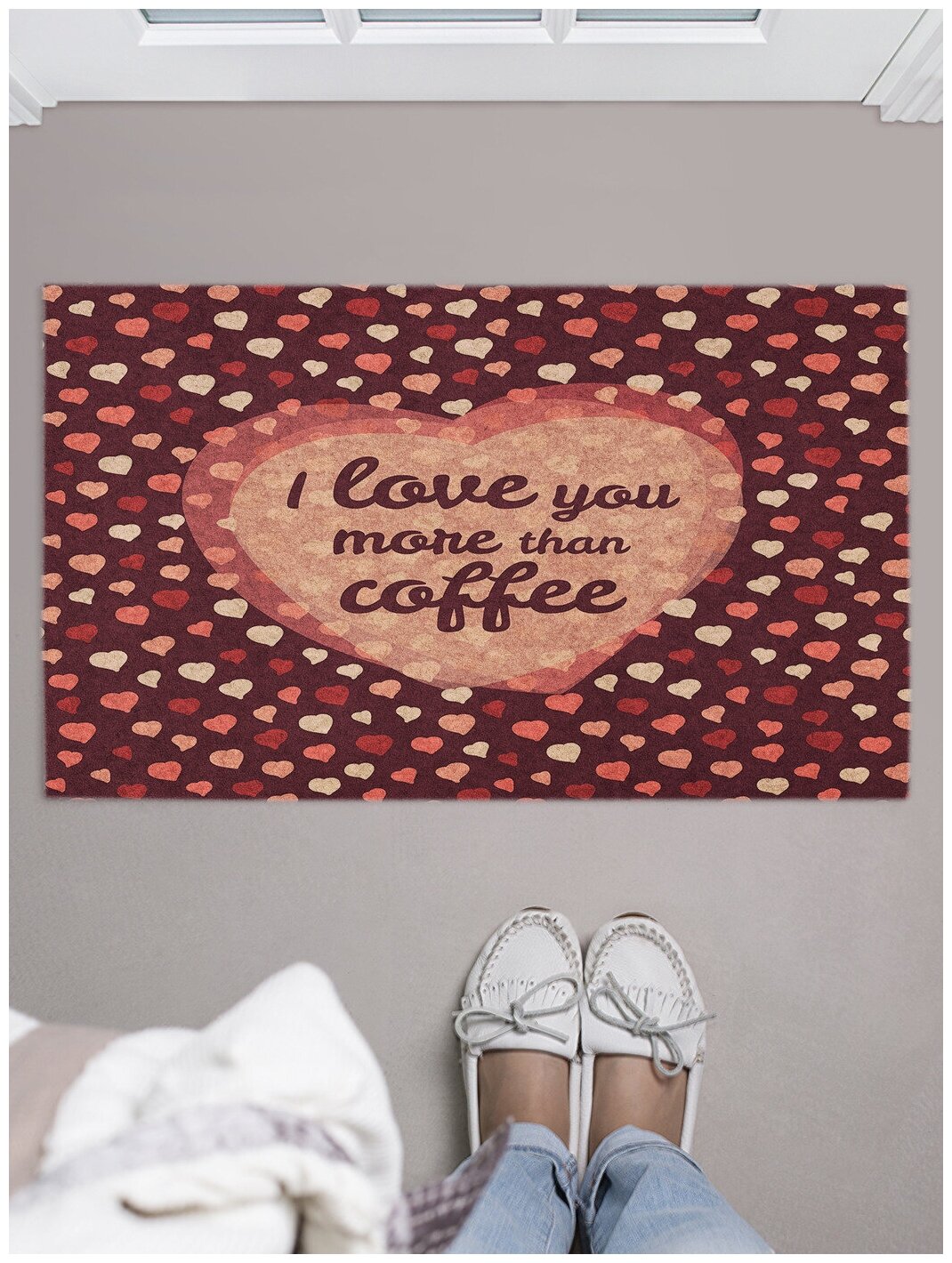 Коврик придверный в прихожую с принтом "Больше, чем кофе" 45x75 см , JoyArty, серия День святого Валентина