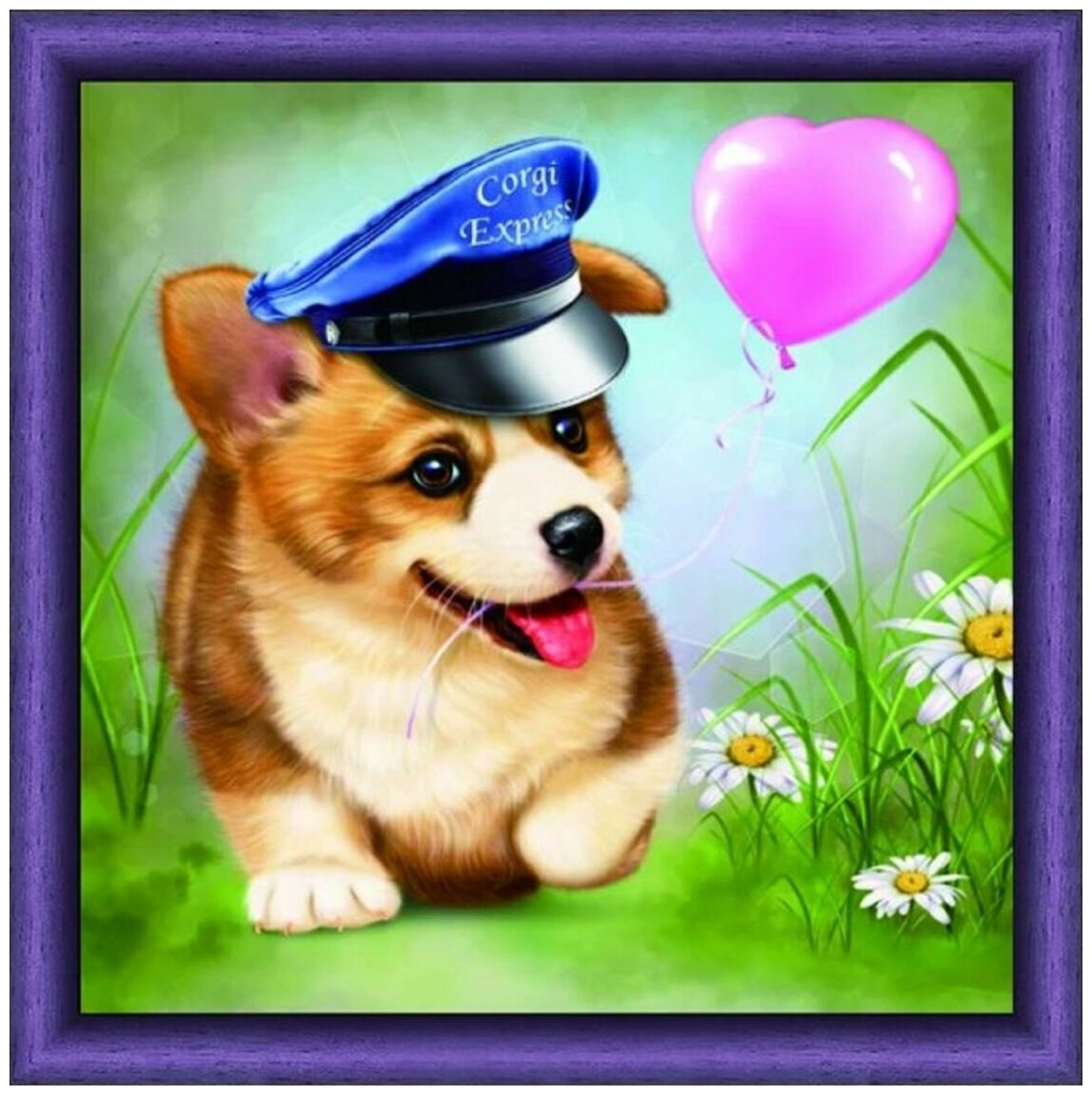 Алмазная мозаика на подрамнике 30х30 Щенок Корги в кепке с шаром