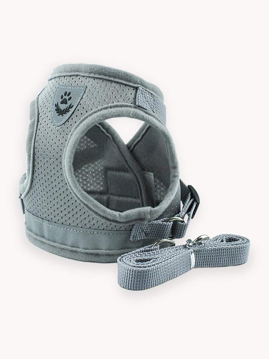 Шлейка для собак мелких пород и кошек с поводком Mirestra, серая, размер M