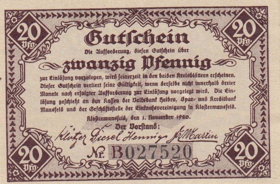 Германия (Веймарская Республика) Клостермансфельд 20 пфеннигов 1920 г.