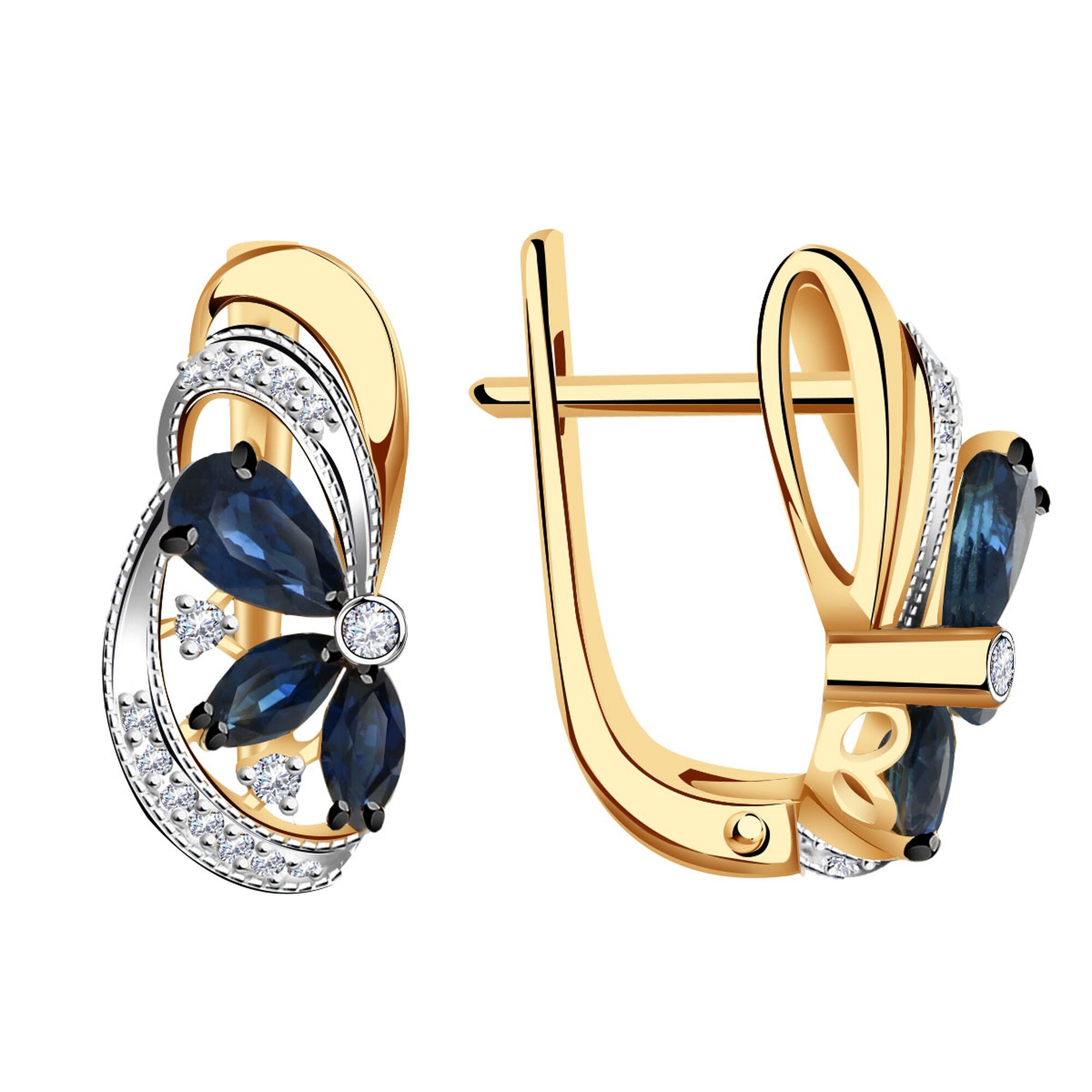 Серьги, красное золото, 585 проба, бриллиант, сапфир