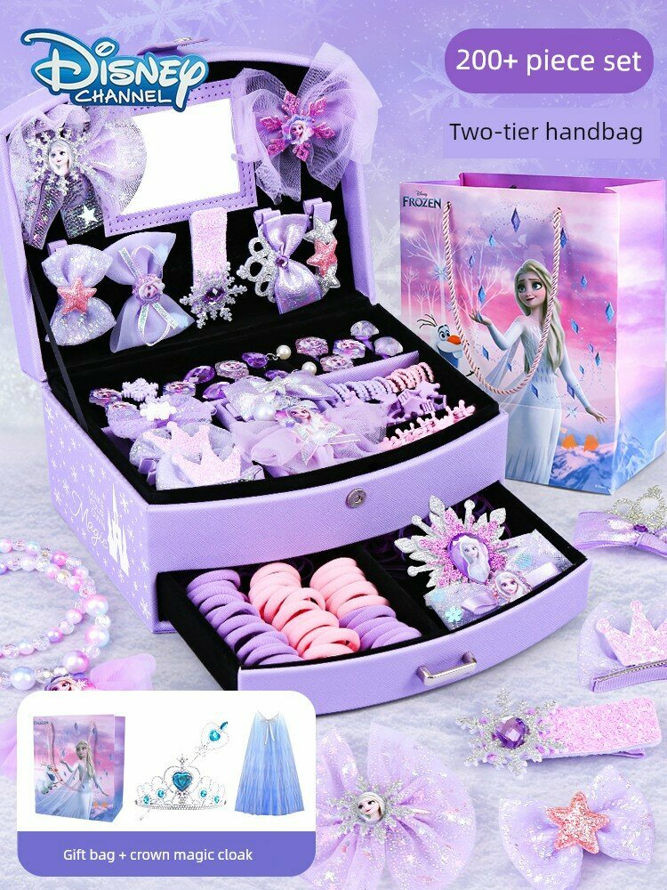 Ювелирная коробка Disney Frozen Elsa, двухъярусная, 150 предметов, фиолетовый, с подарочной сумкой, плащом, короной и