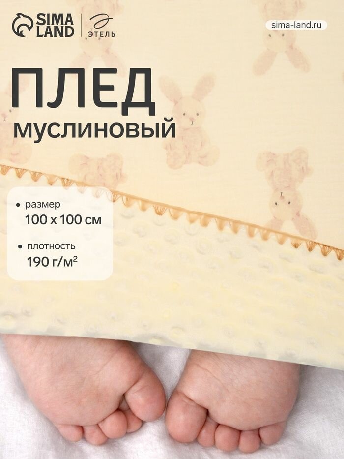 Плед двухслойный Этель. Зайчонок , 100 100 см, муслин, вельбоа