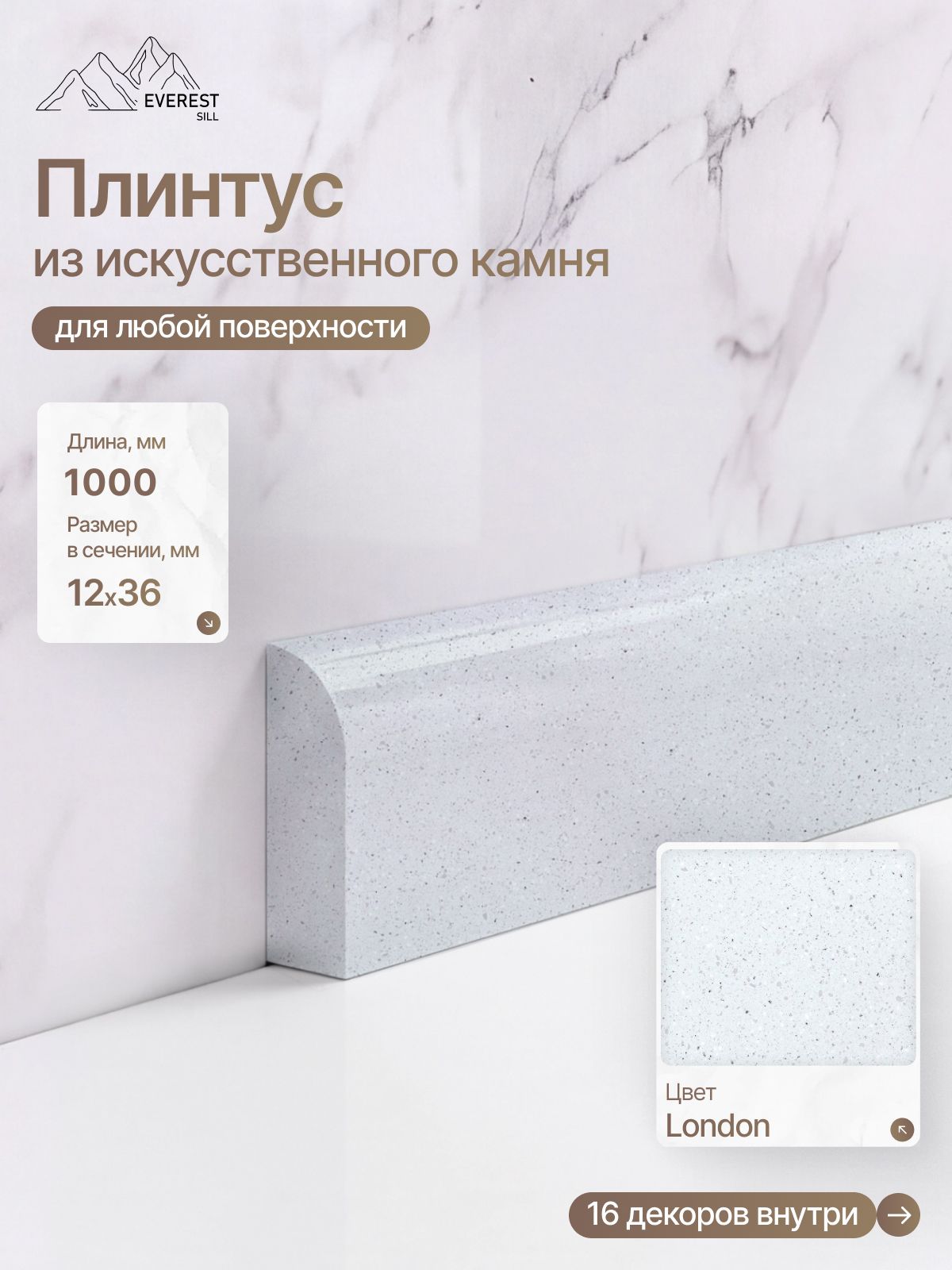 Плинтус-наличник из искусственного камня сечение 12x35 мм, длина 1000 мм, London