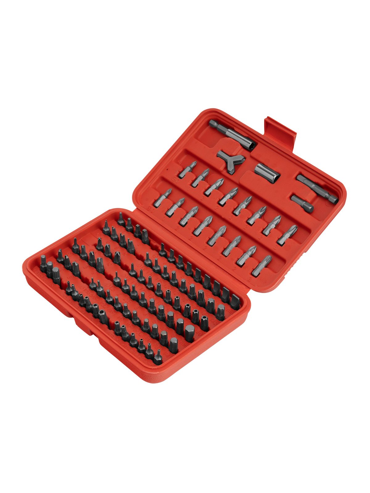 Биты для шуруповертов SPARTA, PH+PZ+SL+Torx+Torx Tamper, сталь CrV, магнитный битодержатель, адаптеры, переходник и 6-гранный ключ, 100 предметов в пластиковом боксе, 113975