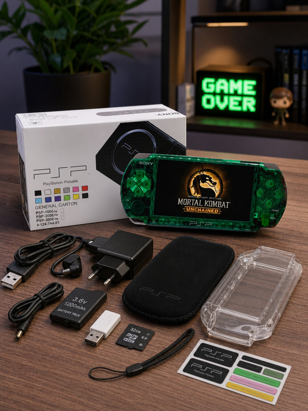 Игровая PSP 3000 Slim для поездок: зелёная портативная консоль, 64 ГБ, 1000 игр, аксессуары