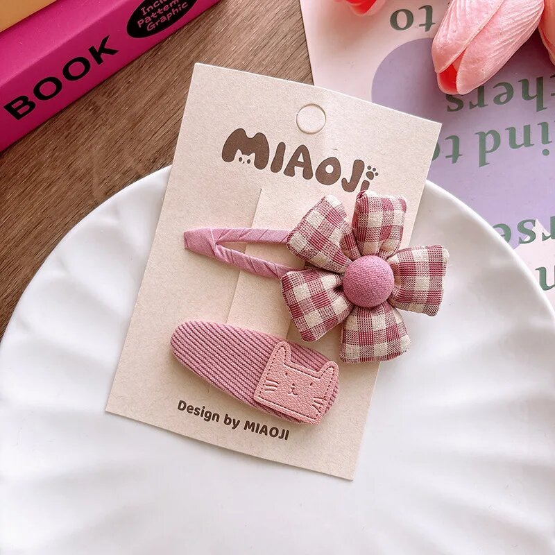Корейские тканевые заколки с бантом для девочек 7-Checkered Flower