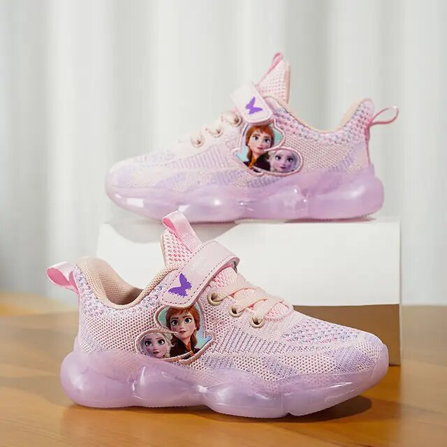Кроссовки Disney для девочек, повседневные, сетчатые, дышащие, кроссовки, розовые, фиолетовые, с принтом принцессы Эльзы, размер 26-37
