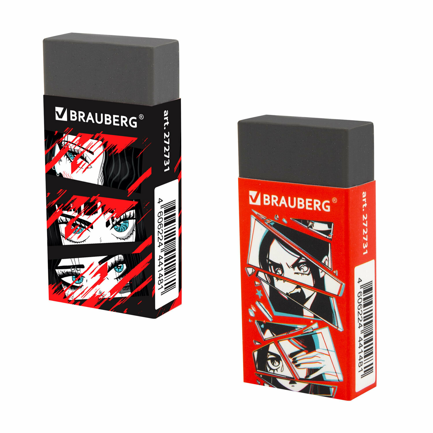 Упаковка 60 шт. Ластик BRAUBERG "ANIME", 50х24х10 мм, прямоугольный, картоннный держатель, экологичный ПВХ, ассорти, 272731