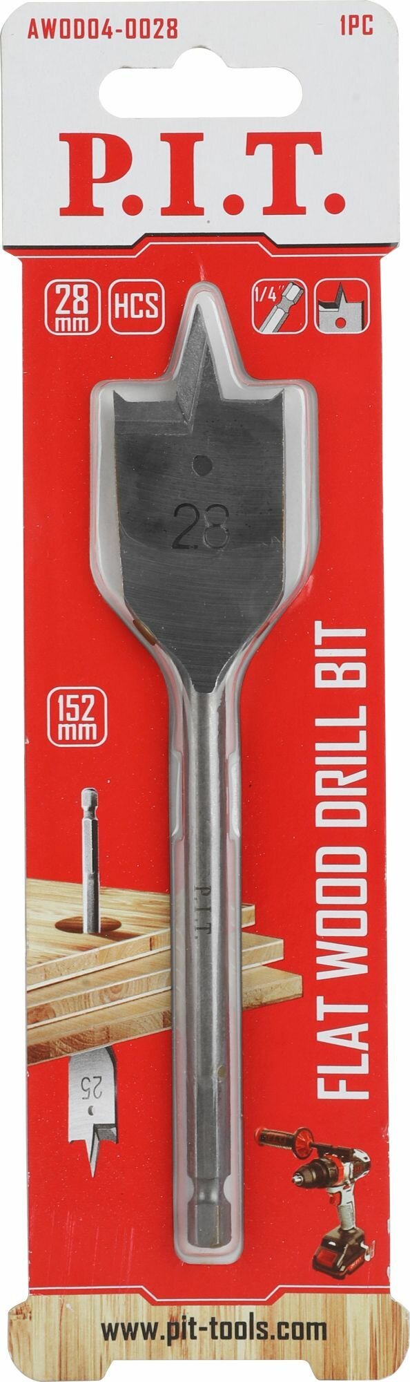 Сверло по дереву P.I.T. перовое, 28x152 мм, хвостовик шестигранный