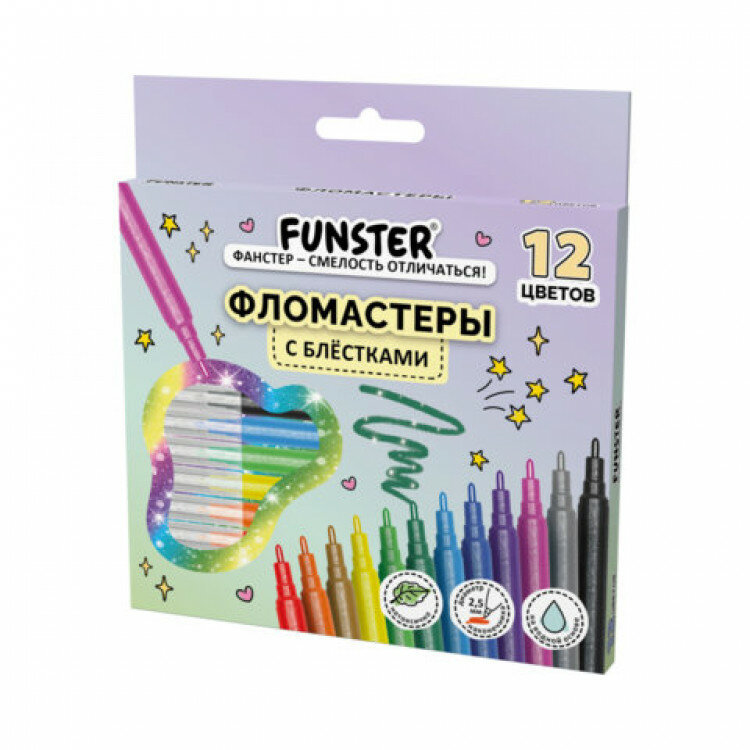 Фломастеры с блестками FUNSTER (фанстер) "GLITTER" 12 цветов, ударопрочный наконечник, 152629