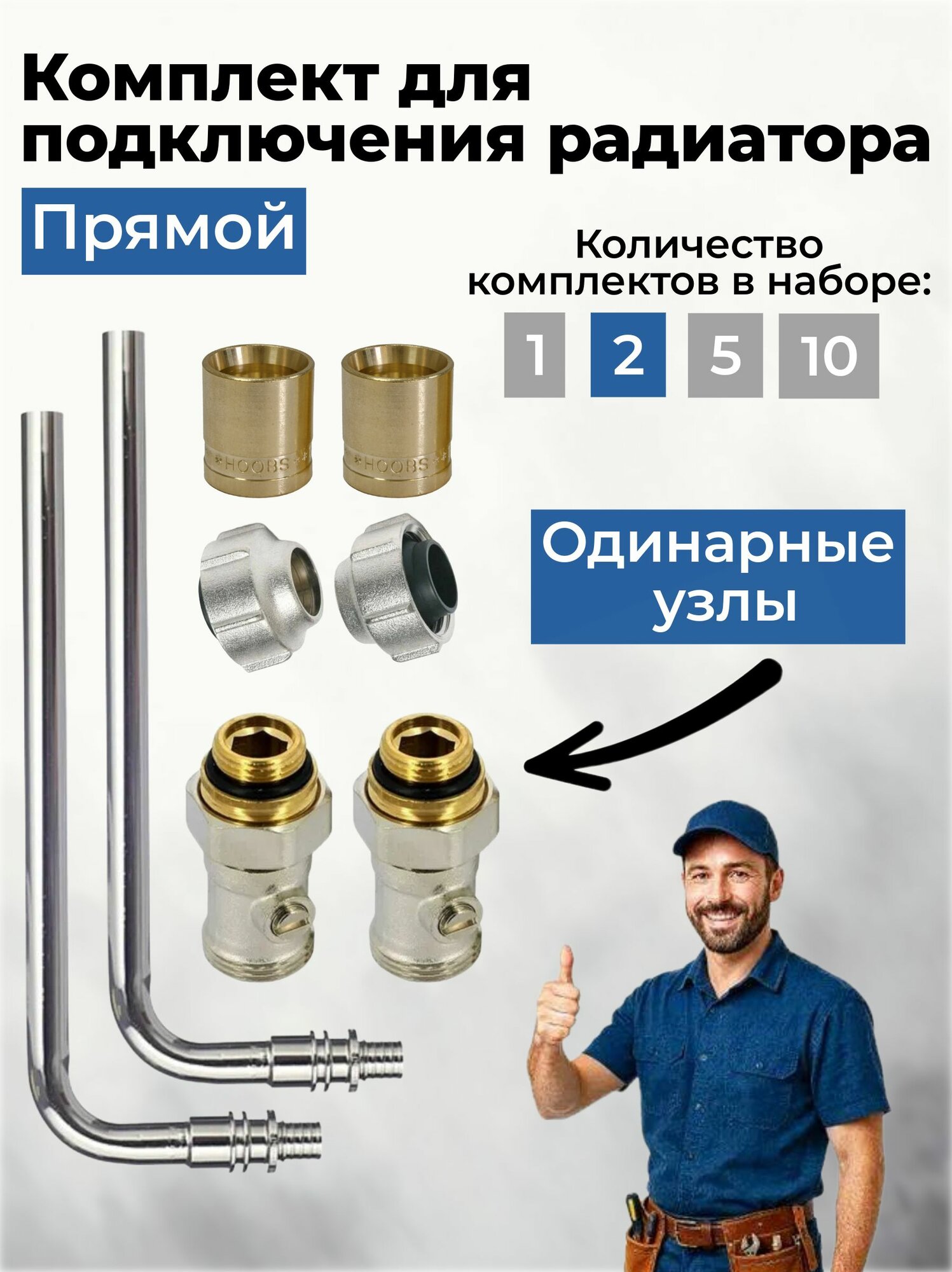 Трубка для подключения радиатора Г-образная 16/250 мм, Узел нижнего подключения радиатора, раздельный, прямой, 3/4"х1/2", евроконусами G3/4"- 15*1, гильзами 16 мм. 2 набора