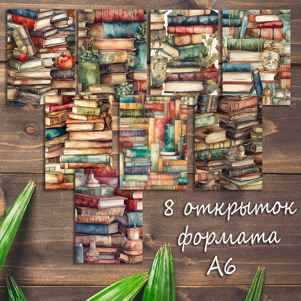 Большой набор открыток Книги, библиотека, 8 штук