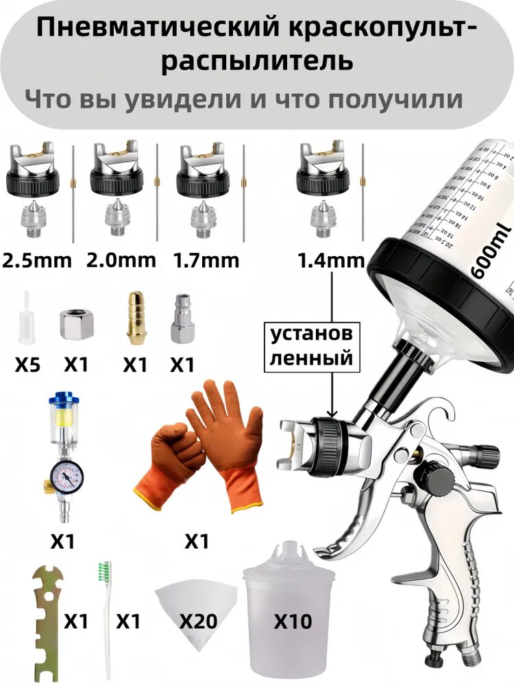 Краскопульт Aidubaos-профессиональный для красок, грунтовок, лаков/насадка 1.4/1.7/2.0/2.5мм/с манометром и водомаслоотделителем/для компрессоров