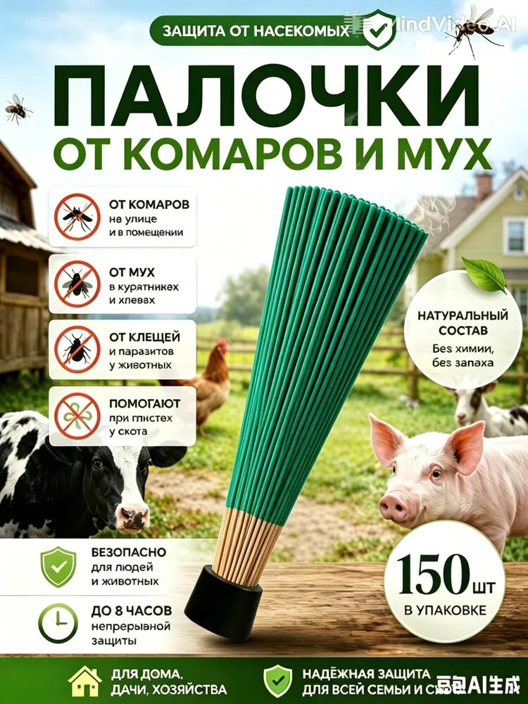 Средство от насекомых, Палочки ароматические от комаров, мошек. Средство для кур от вшей, пухоеда, пероеда, клещей и других внешних паразитов у птиц