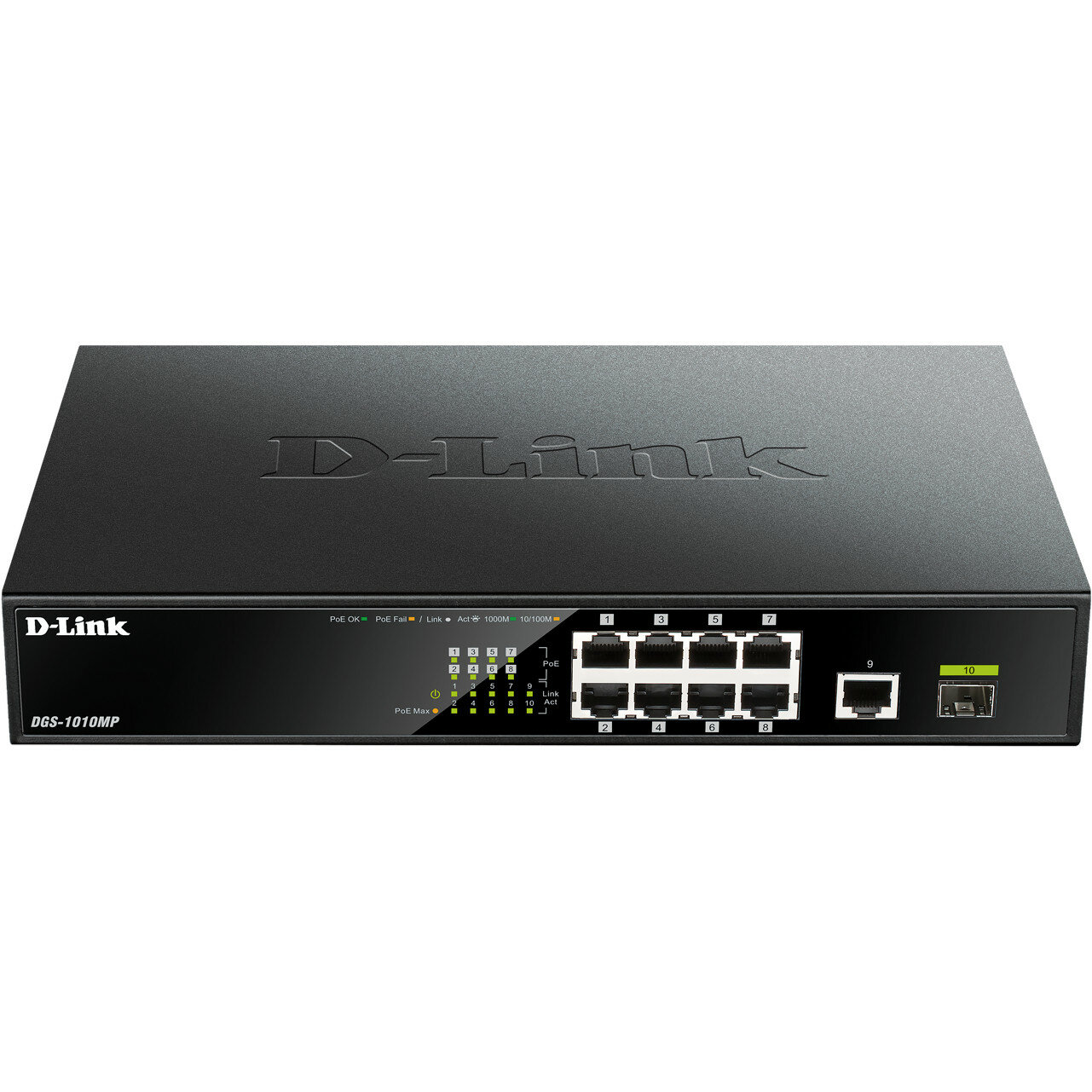 Коммутатор D-Link DGS-1008MP, неуправляемый, 8 х 10/100/1000Base-T, 16 Гбит/с, 4K записей, черный