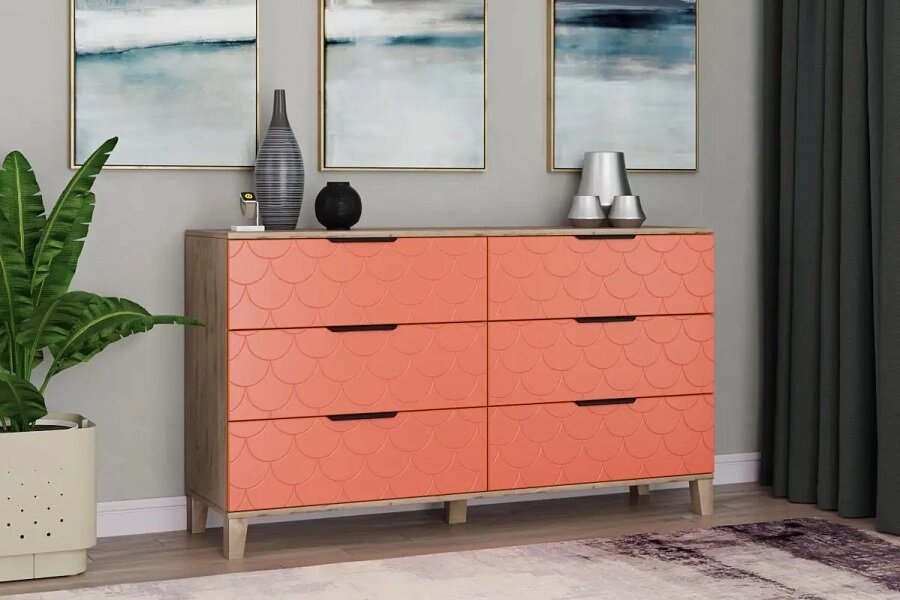 Комод МебельЛэнд24 Йорк - 1 Коралл 140x40x80 розовый с 6 ящиками