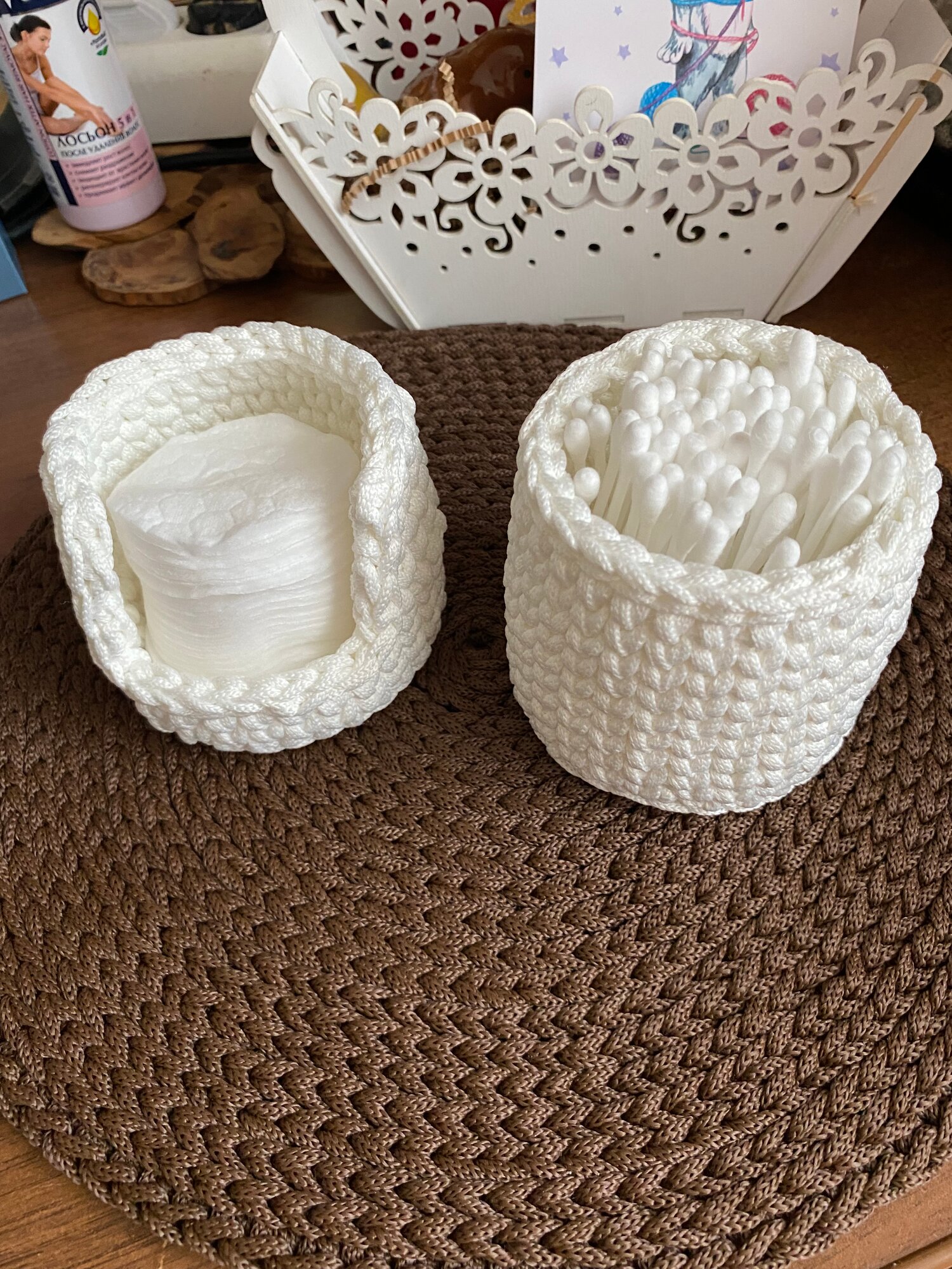 Набор вязаных интерьерных корзин для хранения ватных дисков и палочек , цвет Молочный, 2 шт