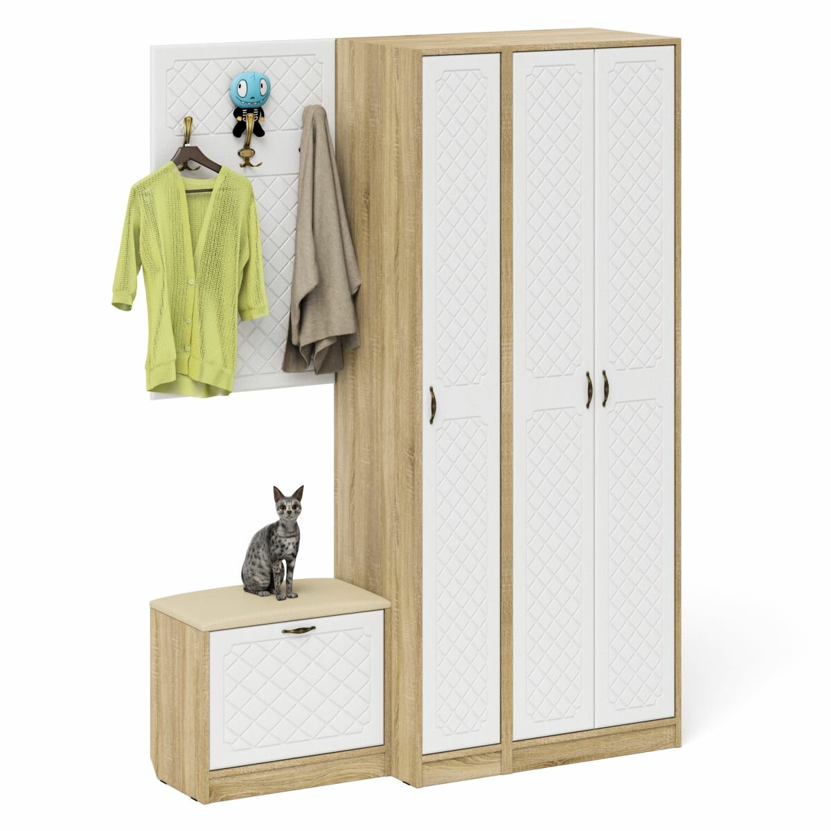 Прихожая комплект мебели для гардеробной, напольная 150см дуб сонома/фасады МДФ белое дерево фрезеровка ромб