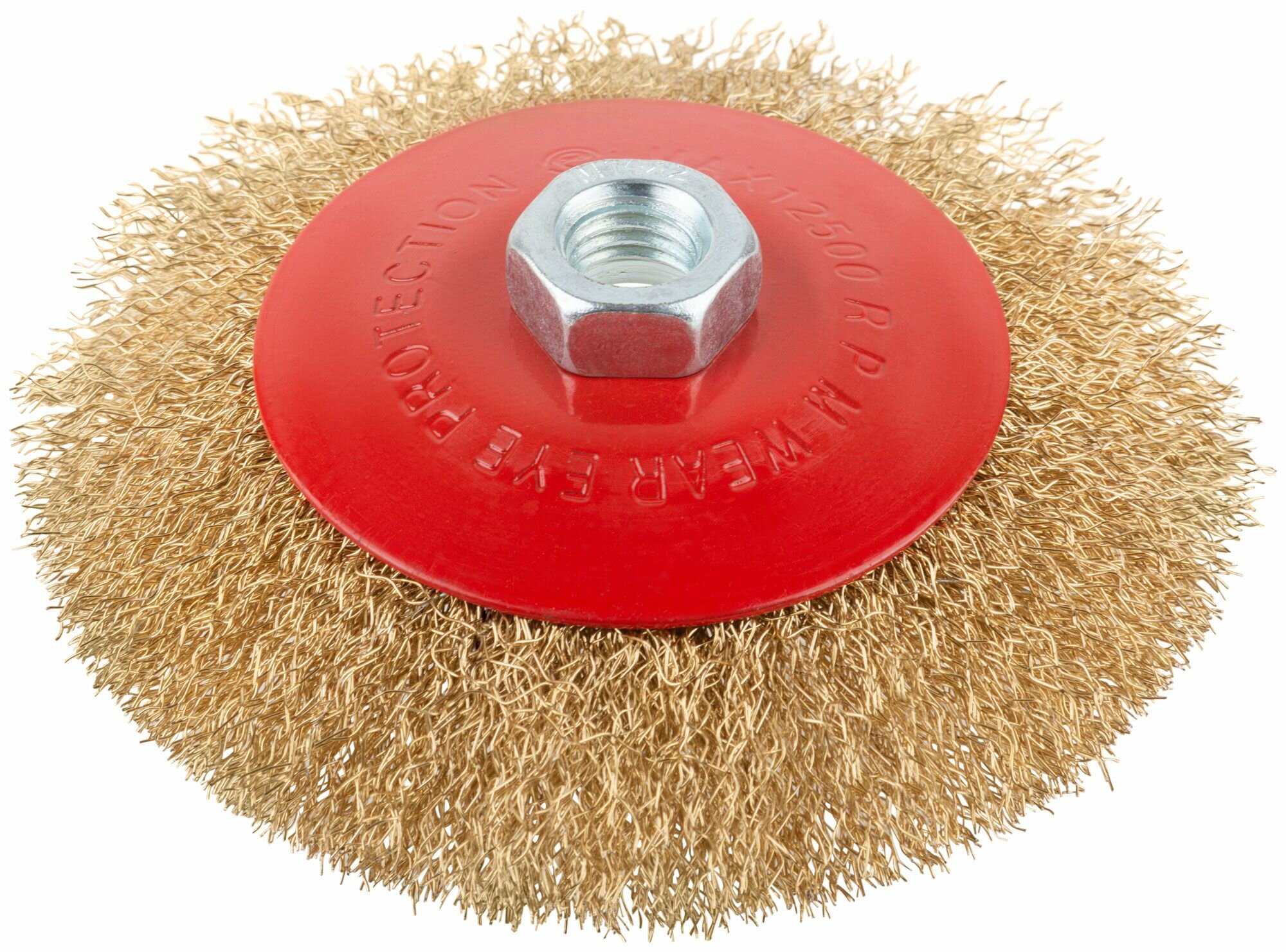 Корщетка-колесо с наклоном, гайка М14, стальная волнистая латунированная проволока 125 мм