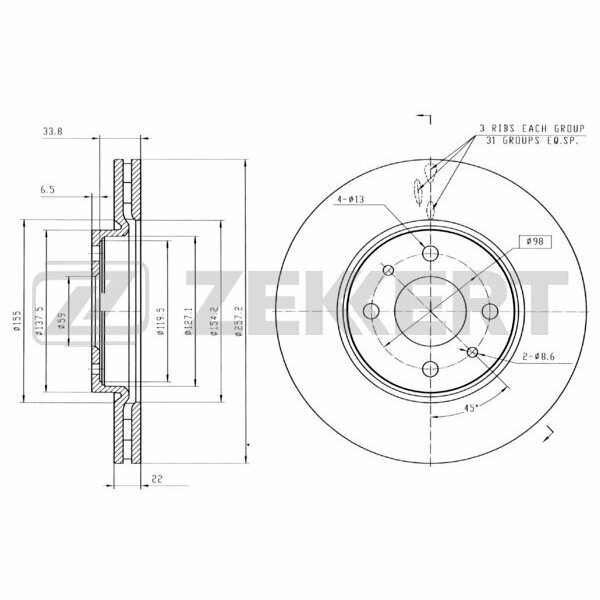 Диск тормозной передний вентилируемый для автомобиля Citroen Alfa Romeo, ZEKKERT BS-5086 (1 шт.)