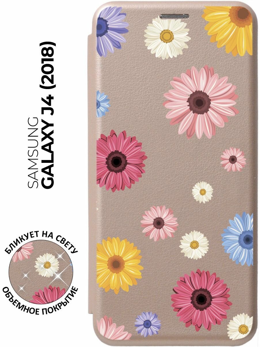 Чехол-книжка Gerberas на Samsung Galaxy J4 (2018) / Самсунг Джей 4 (2018) с 3D эффектом золотой
