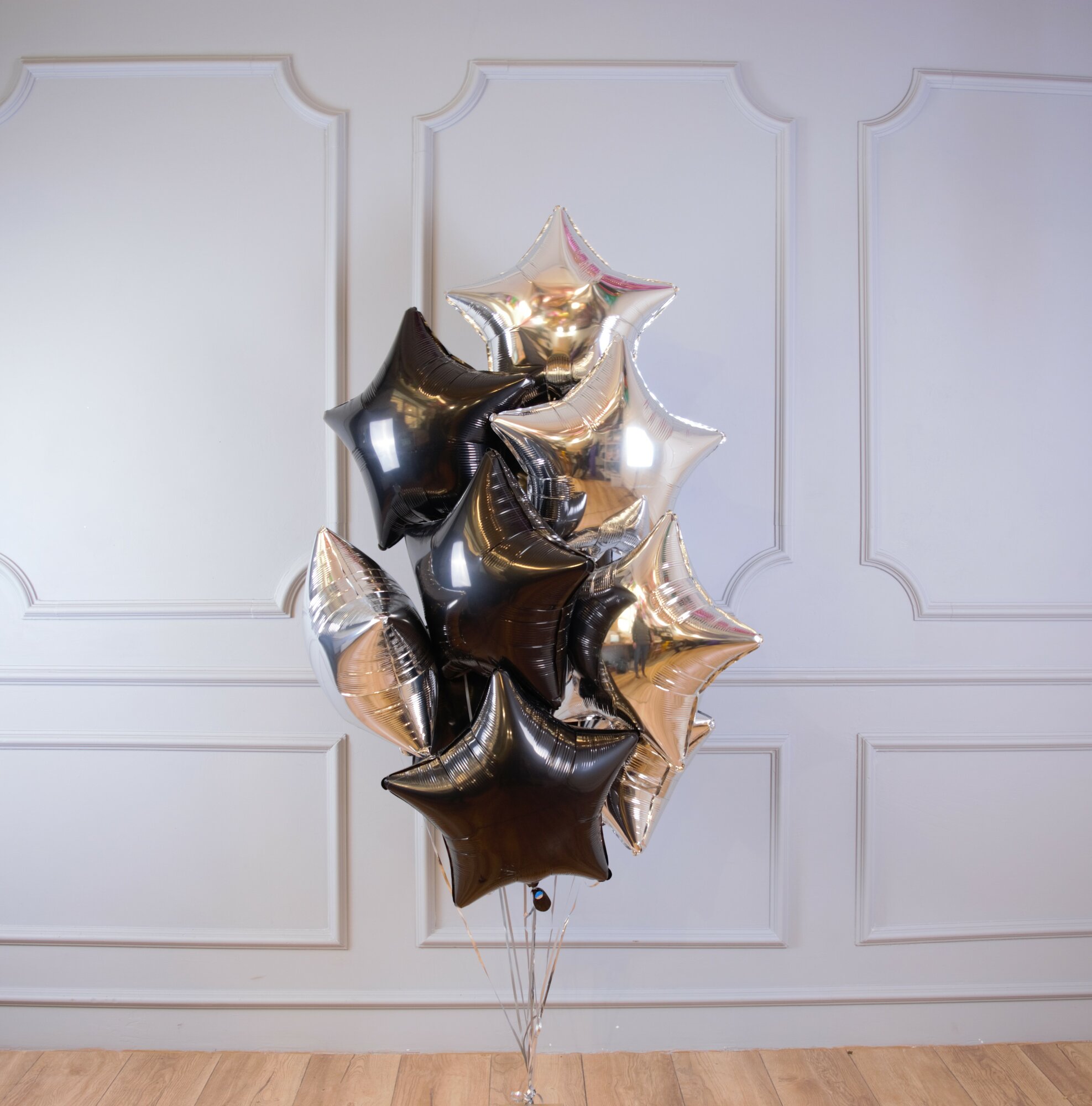 Фонтан "Звездный дождь" из шаров 10шт черного и серебристого цвета