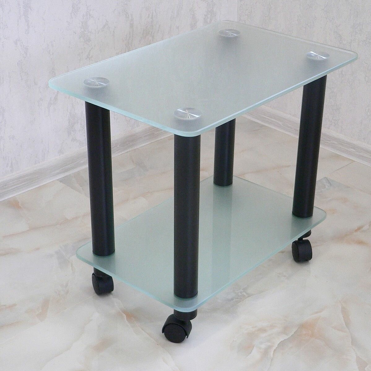 Стеклянный журнальный столик с полочкой на колёсиках ЖС-15 стеклянный столик чайный, кофейный, прикроватный, для гостиной и офиса закалённое матовое 8мм стекло, ножки металлические чёрные
