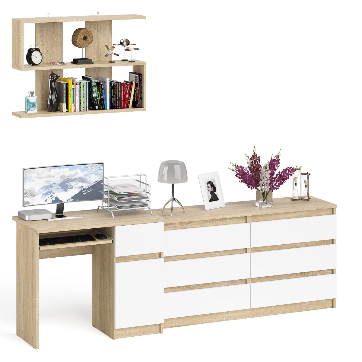 Комод шесть ящиков Мори МК1380.6 со столом с ящиком и дверкой справа и полка, цветдуб сонома/белый, 228х50х209,6 см.