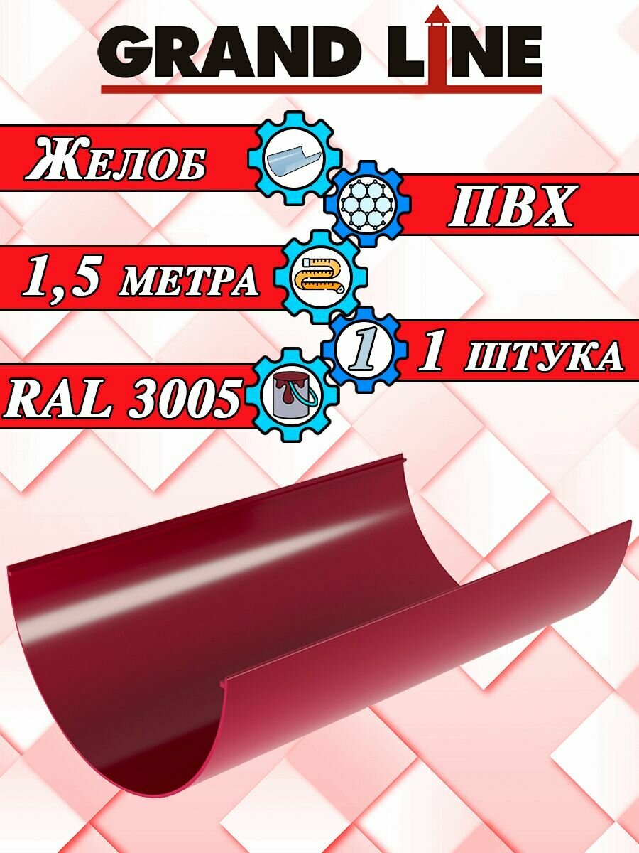 Желоб 1,5 м Grand Line ПВХ красный RAL 3005 (d 120 мм) для водосточной системы, Гранд Лайн (120/90) элемент водостока для крыши