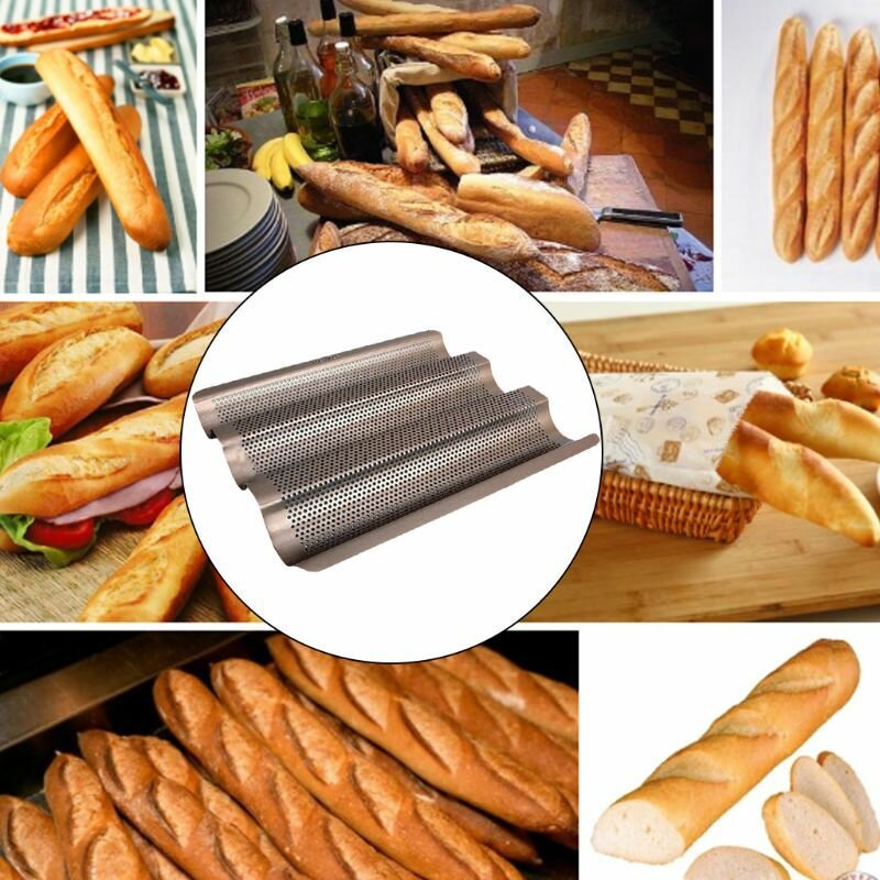 Золотистый трехслойный противень для выпечки багетов с антипригарным покрытием