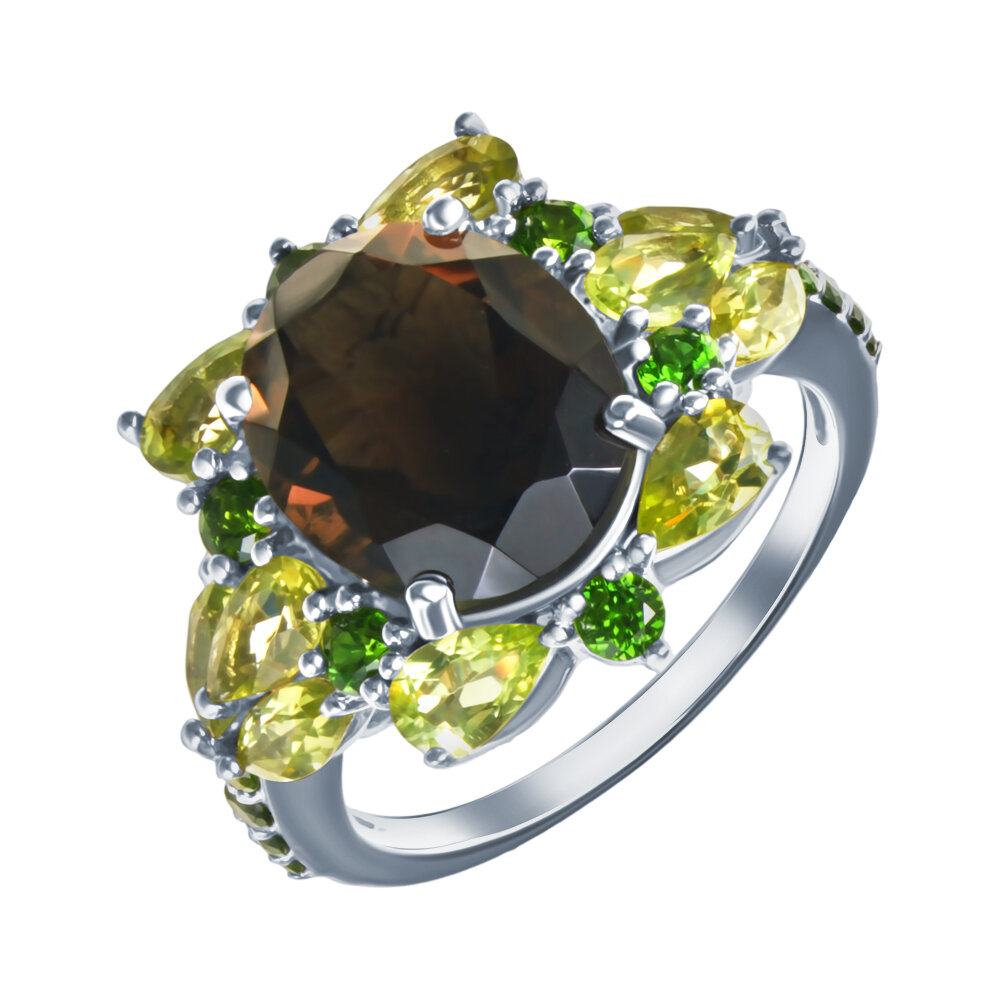 Кольцо, серебро, 925 проба, раухтопаз, перидот, диопсид