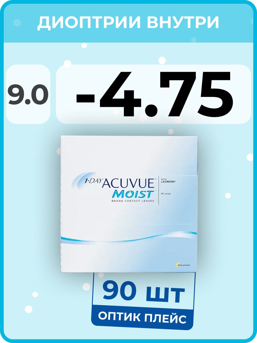 Контактные линзы ACUVUE 1-Day Moist (90 линз) -4.75 R 9.0, однодневные, прозрачные