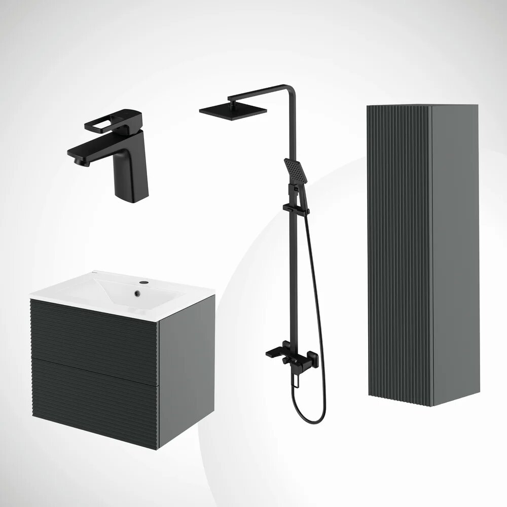 Комплект IDDIS 5в1: тумба подвесная с умывальником Bild 60 см / пенал Bild подвесной / душевая система, смеситель для умывальника