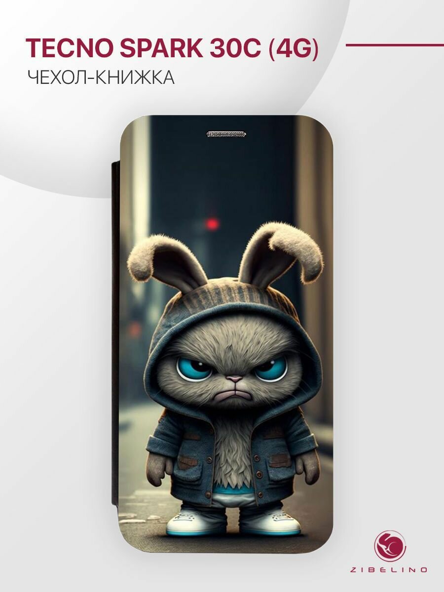 Чехол для Tecno Spark 30C 4G с рисунком, защитный, с магнитом, черный с принтом злой заяц / Текно Спарк 30С 4G