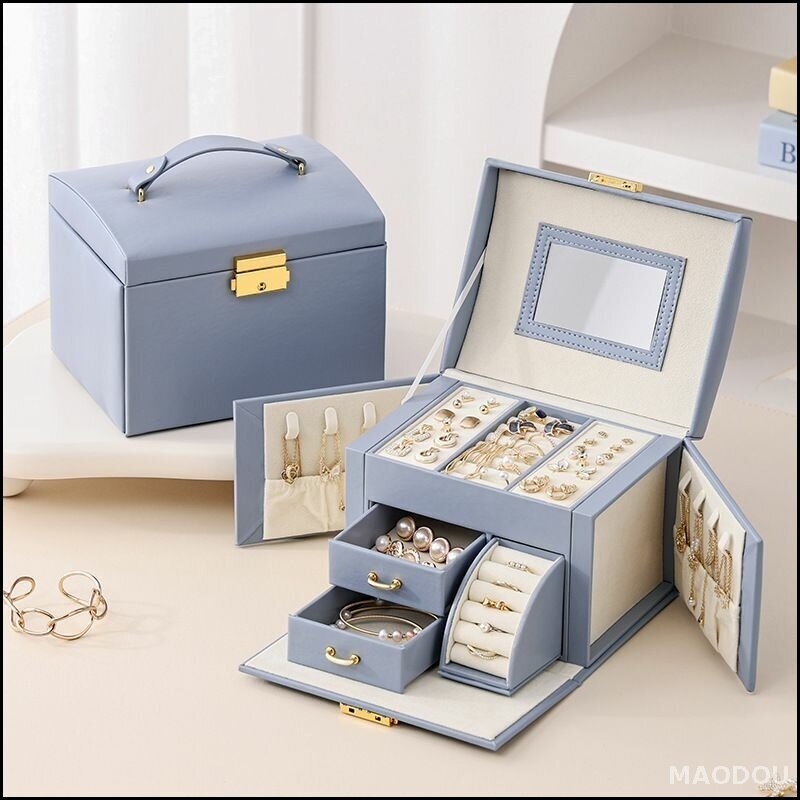 Шкатулка для украшений МАODOU Амелия 2 голубой, многоярусная, с зеркалом, органайзер, для дома, подарка
