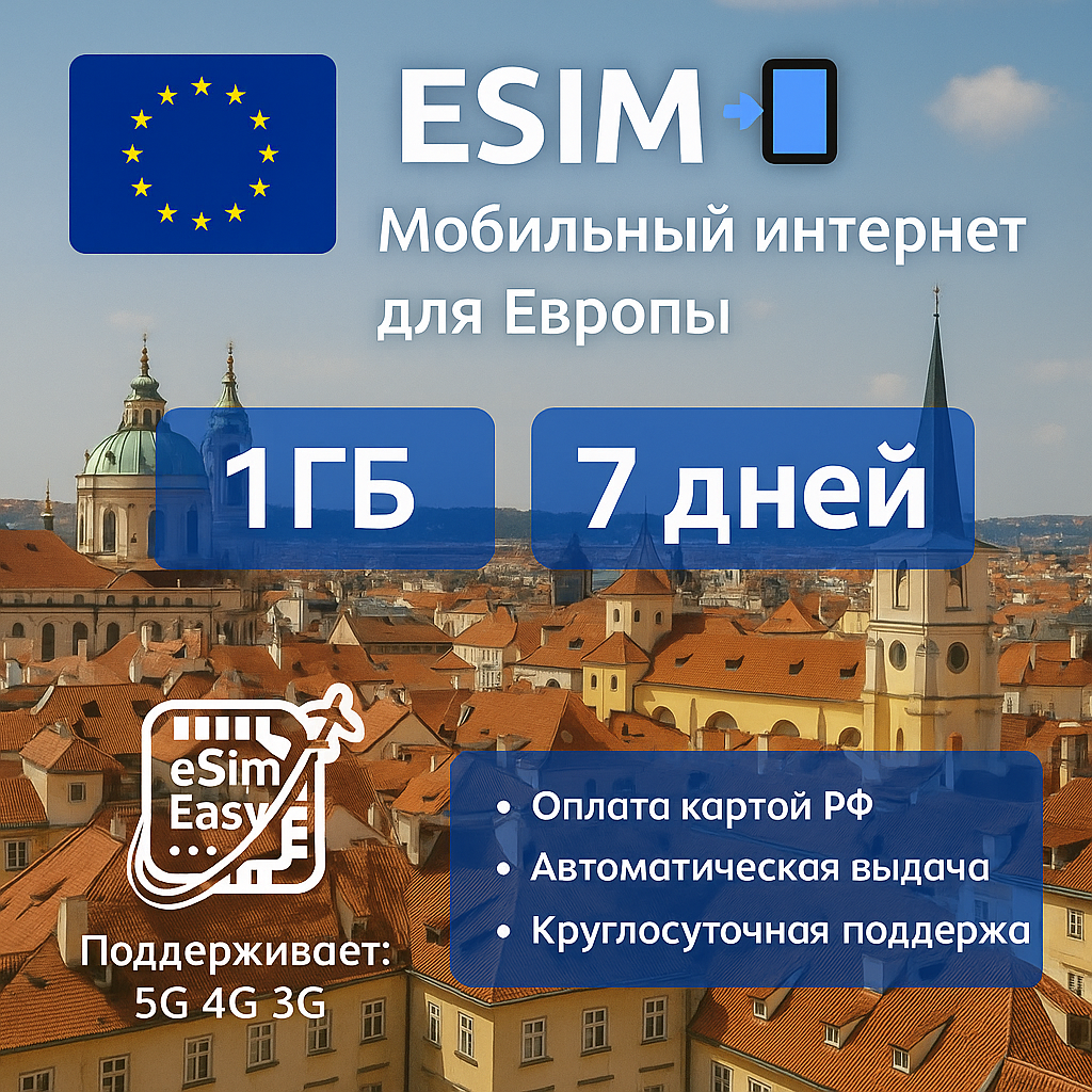 ESIM, 1 Гб на 7 дней, для интернета в Европе, для телефона и планшета, 4G, 3G, электронный ключ
