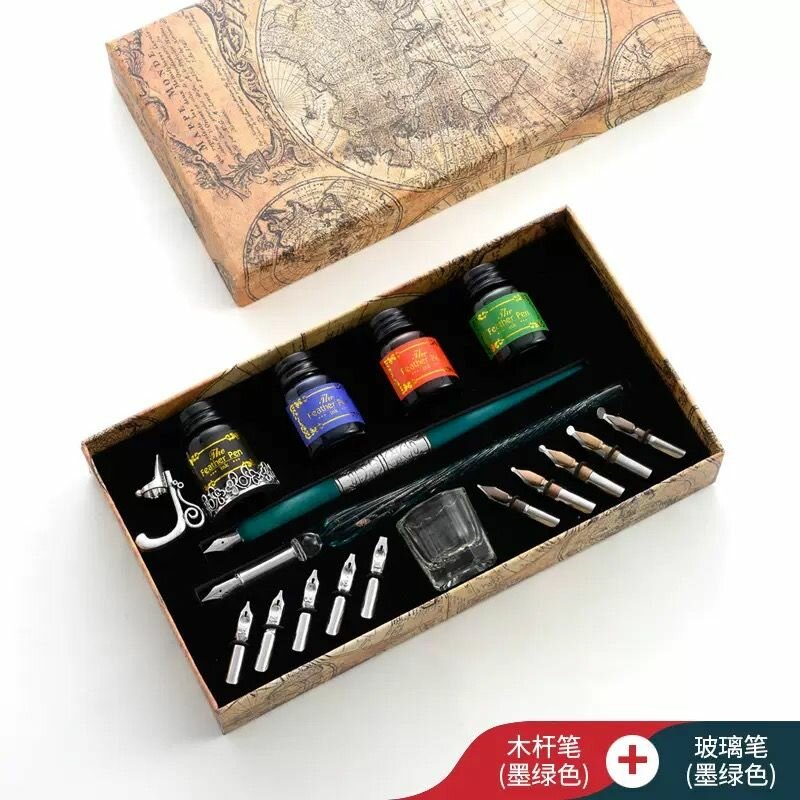 Набор для каллиграфии - 10 разноразмерных перьев, 2 держателя, 4 цвета туши по 17 мл