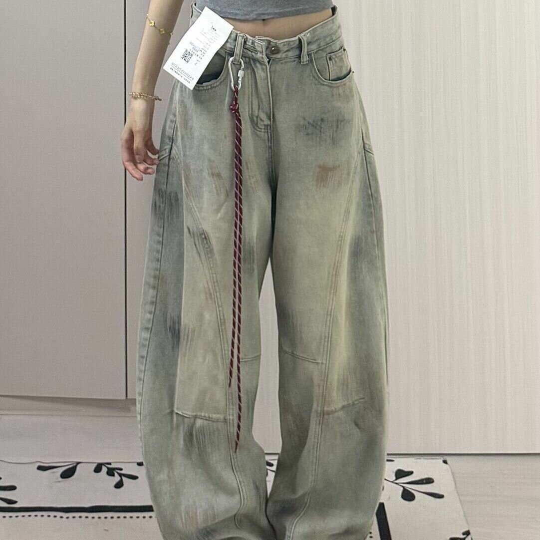 Женские джинсы Версия повышения Американские рваные — осенние высокоходные свободные серповидные полные штаны