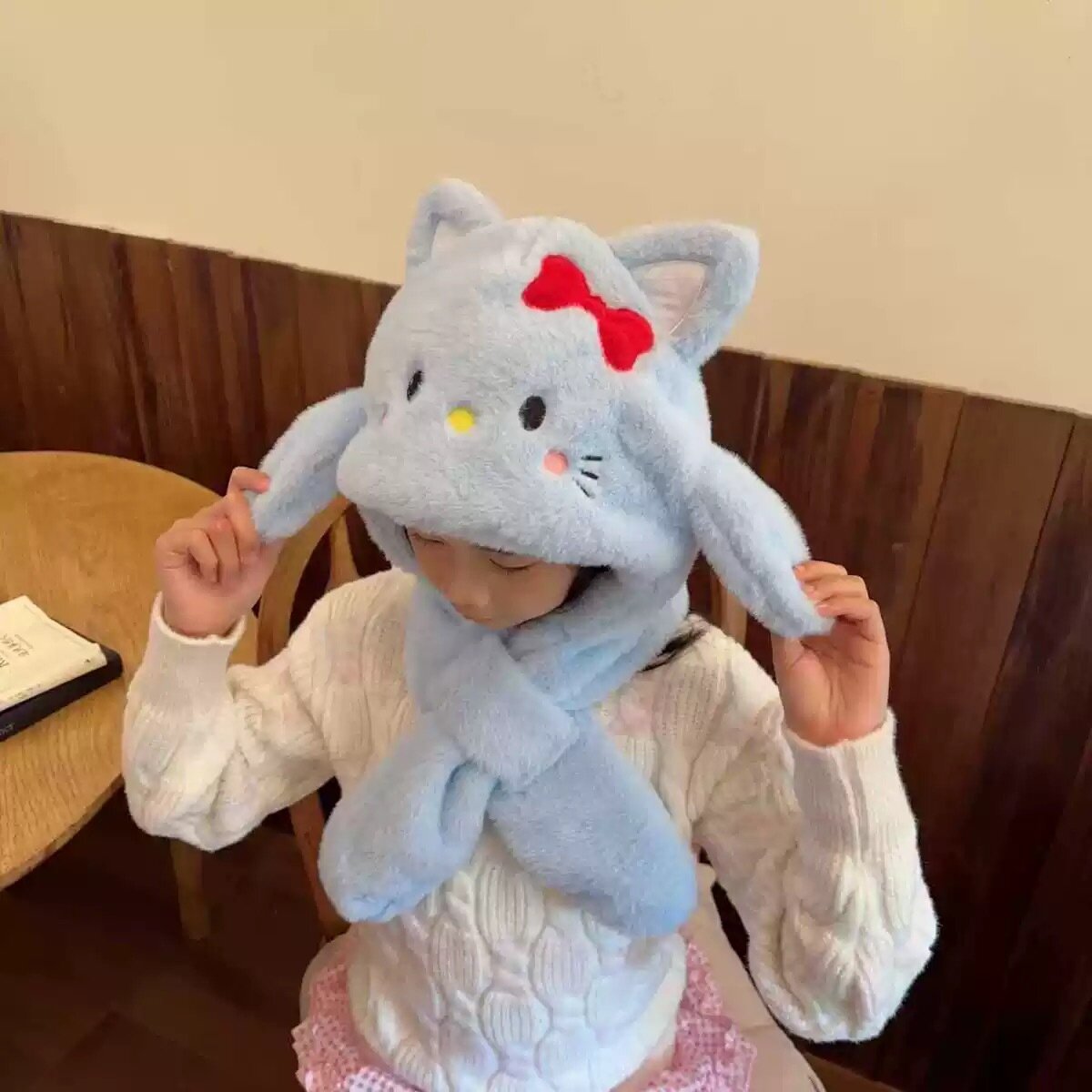 Симпатичная женская шапка-кошка KT с подвижными ушками, осенне-зимний плюшевый шарф, утолщенный и теплый комплект из двух предметов.