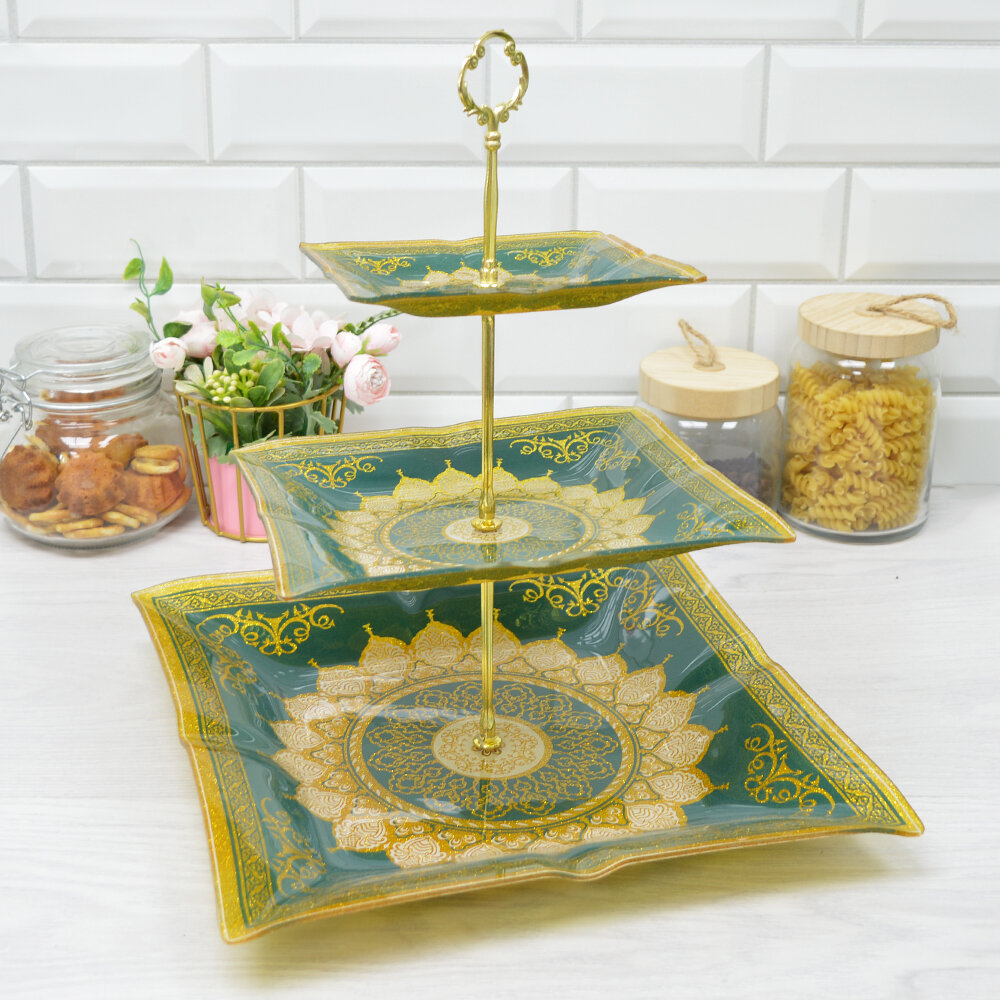 Этажерка для фруктов 3 яруса, стекло, зелёный цвет, декоративная стойка