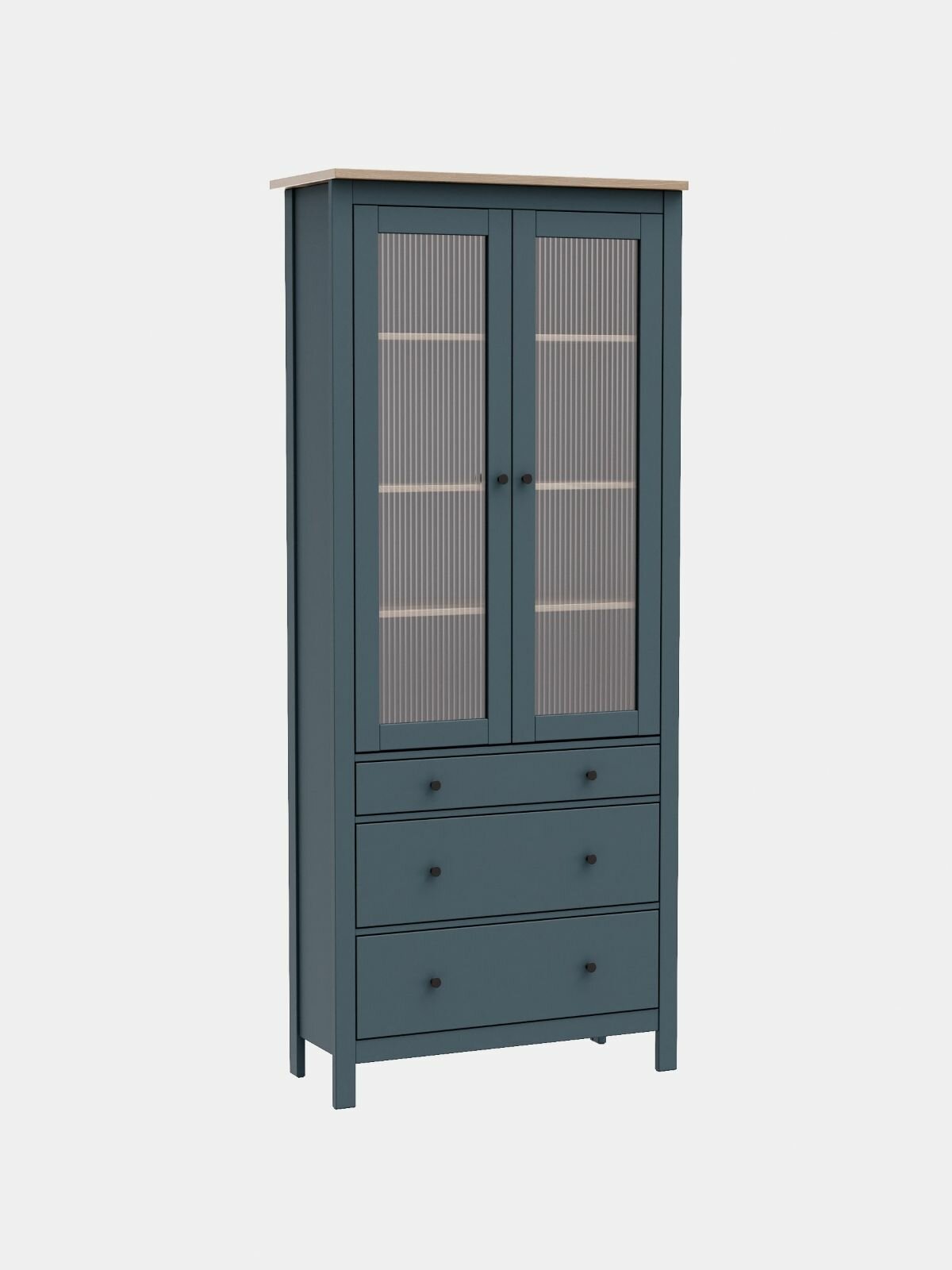 Шкаф витрина с рифленым стеклом ГУД лакк Сага, 90х41х215 см, темно-бирюзовый/ясень