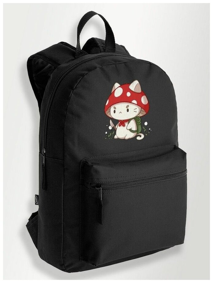 Черный школьный рюкзак с DTF печатью Кот Котик, Сказки, Скетчи, Милота, Грибочек - 1004