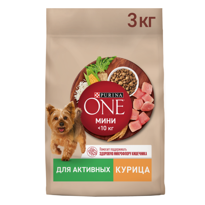 Purina One Мини сухой корм для активных взрослых собак мелких пород, с высоким содержанием курицы и рисом - 3 кг