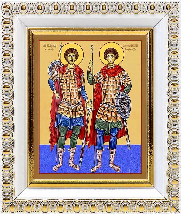 Мученики Давид и Константин Арагветские, икона в белой пластиковой рамке 8,5*10 см
