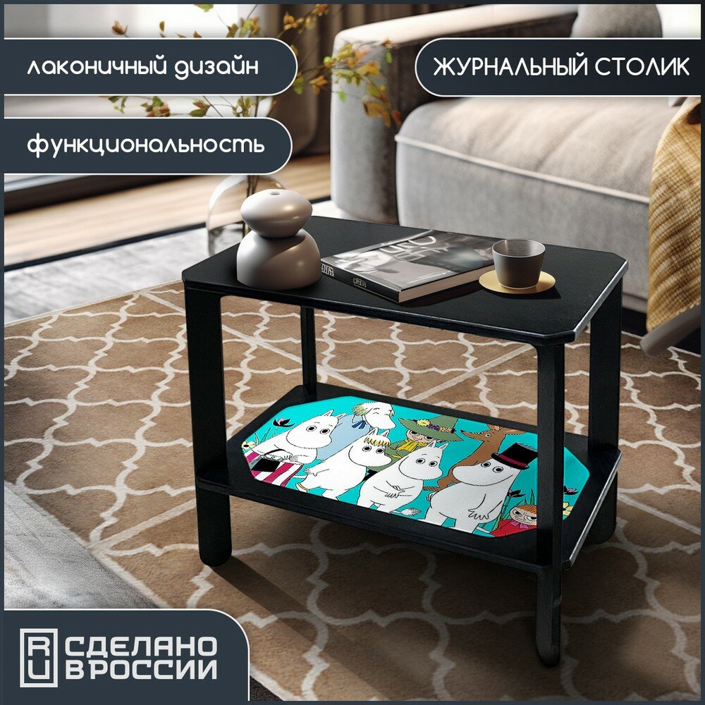 Прямоугольный черный журнальный столик с принтом "moomin (муми тролли, Мама, Снусмумрик, Титиу, Мора, Туве Янсон Детям, детский сыну дочки) - 448"